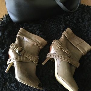 Guess | Shoes | Guess Leather Grayish Brown Peep Toe Booties | Poshmark
